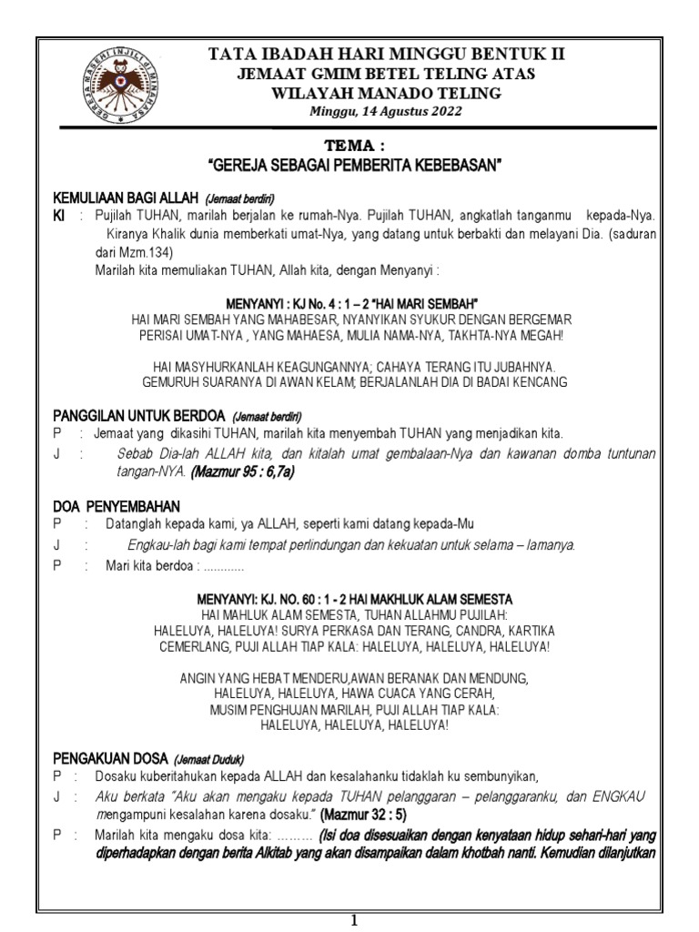 Liturgi Bentuk Ii Minggu 14 Agustus 2022 Pdf