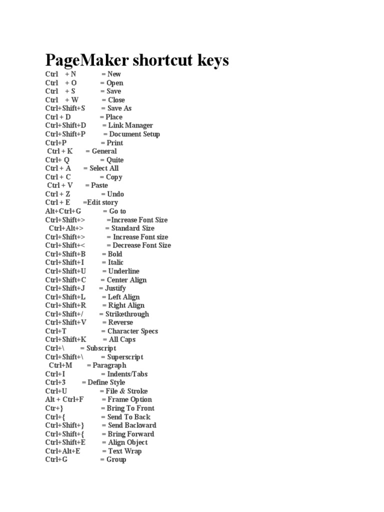 PageMaker Shortcut Keys | PDF | Control Key | Computing