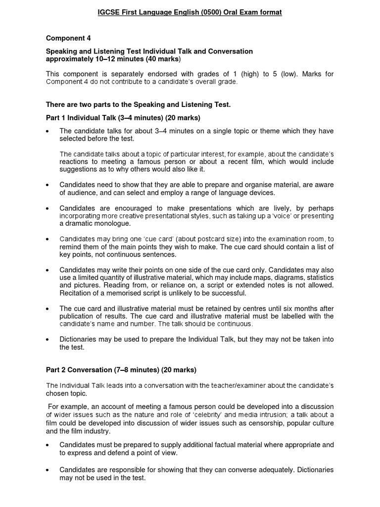IGCSE First Language English 0500 Oral Exam Format | PDF | Test ...