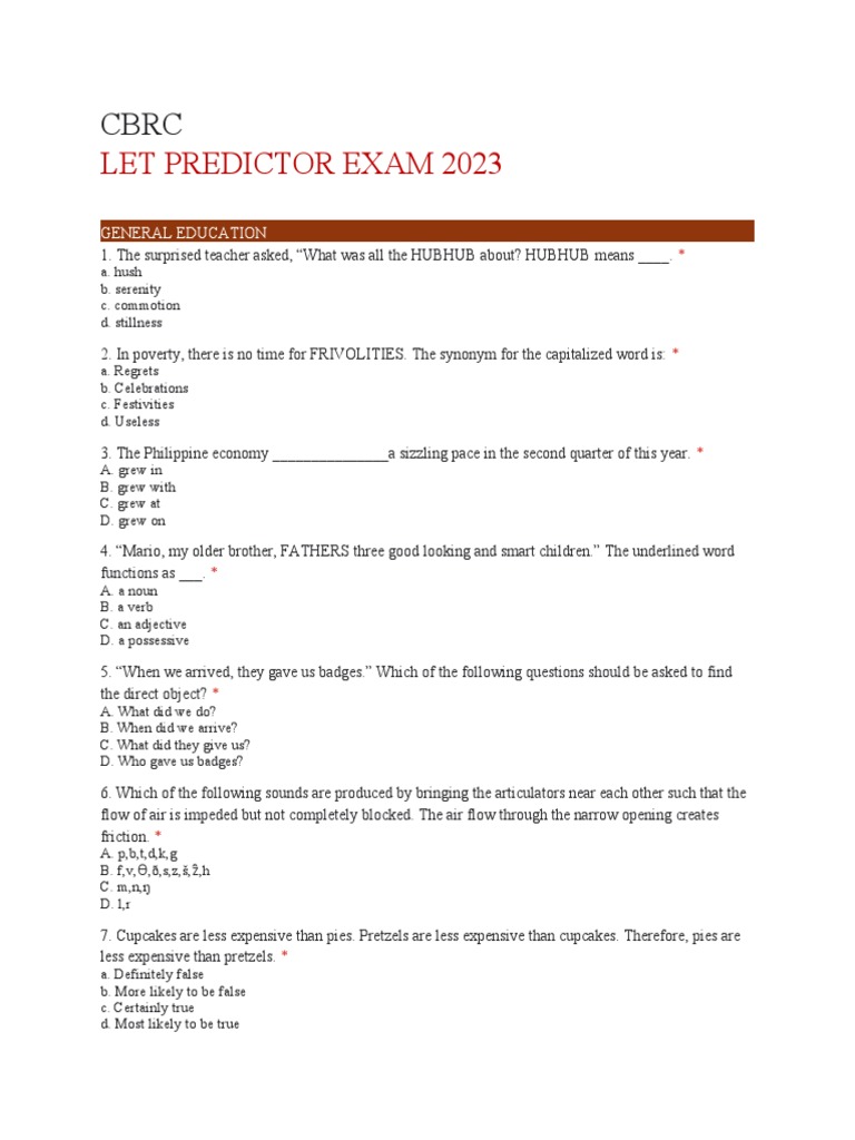 CBRC Let Predictor Exam 2023 | PDF | Curriculum | Teachers
