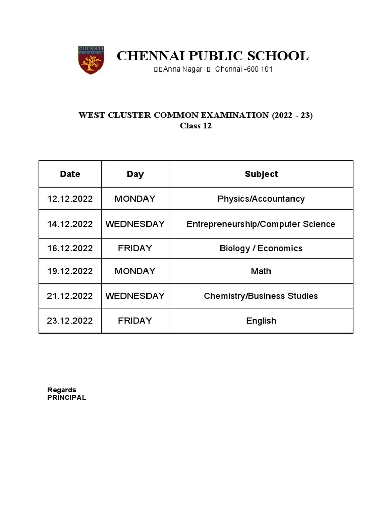 West Cluster Class 12 Exam Schedule | PDF