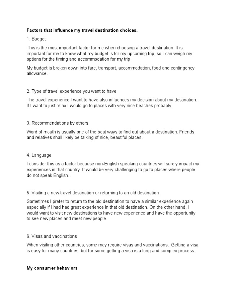 Factors That Influence My Travel Destination Choices | PDF