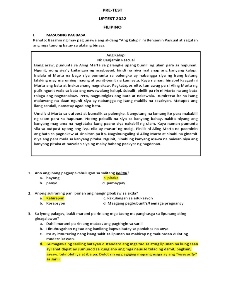 Pre-Test - Filipino | PDF