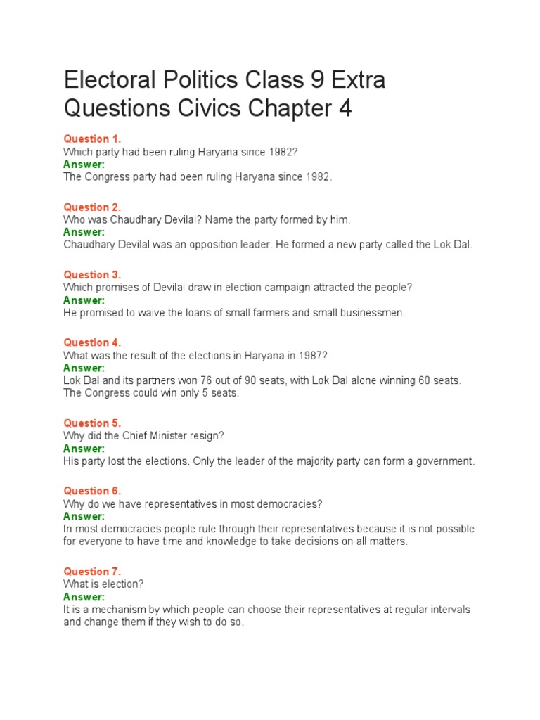Electoral Politics Class 9 Extra Questions Civics Chapter 4 | PDF ...