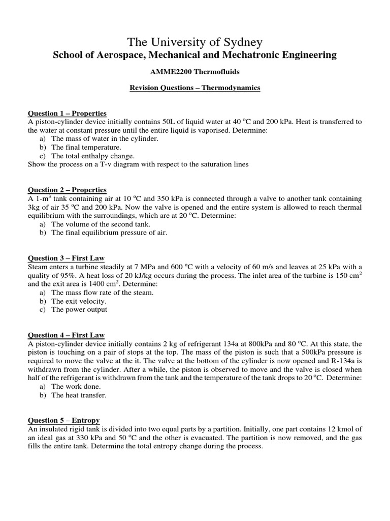 AMME2200 RevisionQuestions Thermodynamics | PDF | Heat | Steam