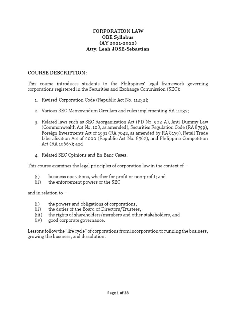 Revised OBE Syllabus | PDF | Corporate Law | Corporations
