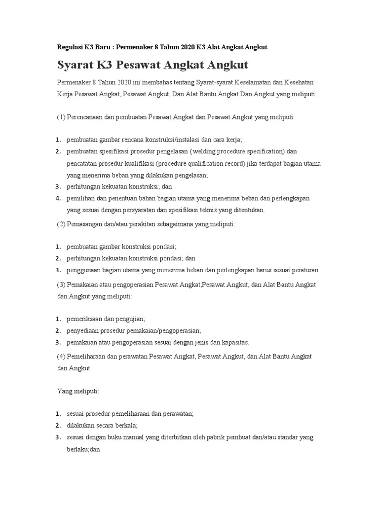 Regulasi K3 Pesawat Angkat Angkut 2020 | PDF | Teknologi & Rekayasa