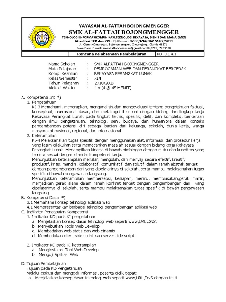 RPP Pemrograman Web SMK Al-Fattah | PDF
