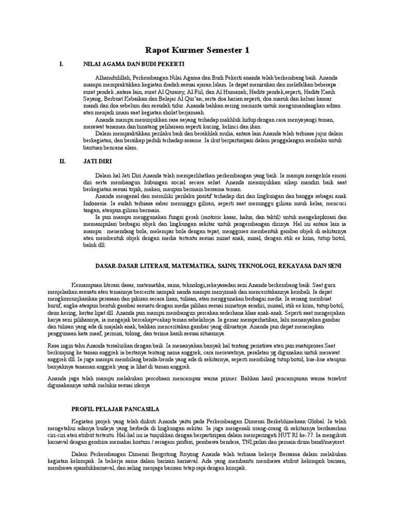 Rapot Kurmer Semester 1 | PDF