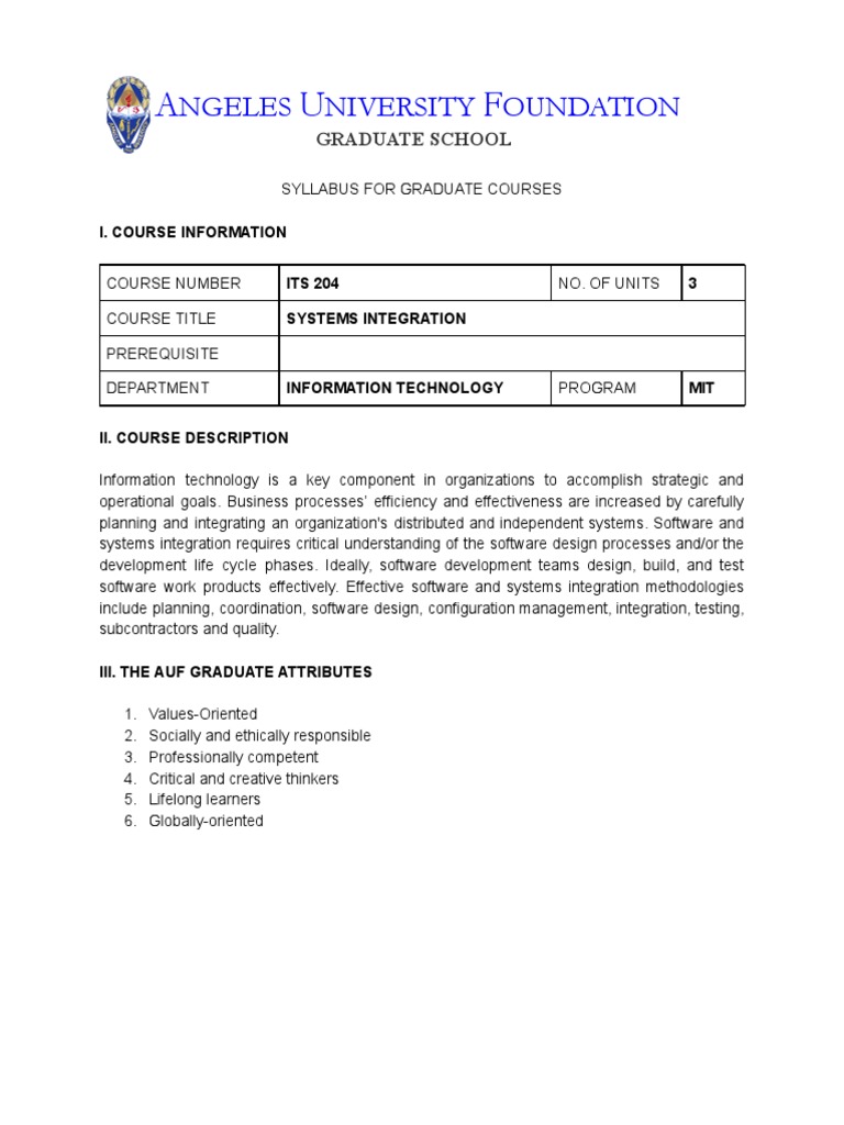 ITS204 Systems Integration Syllabus | PDF | Information Technology | System