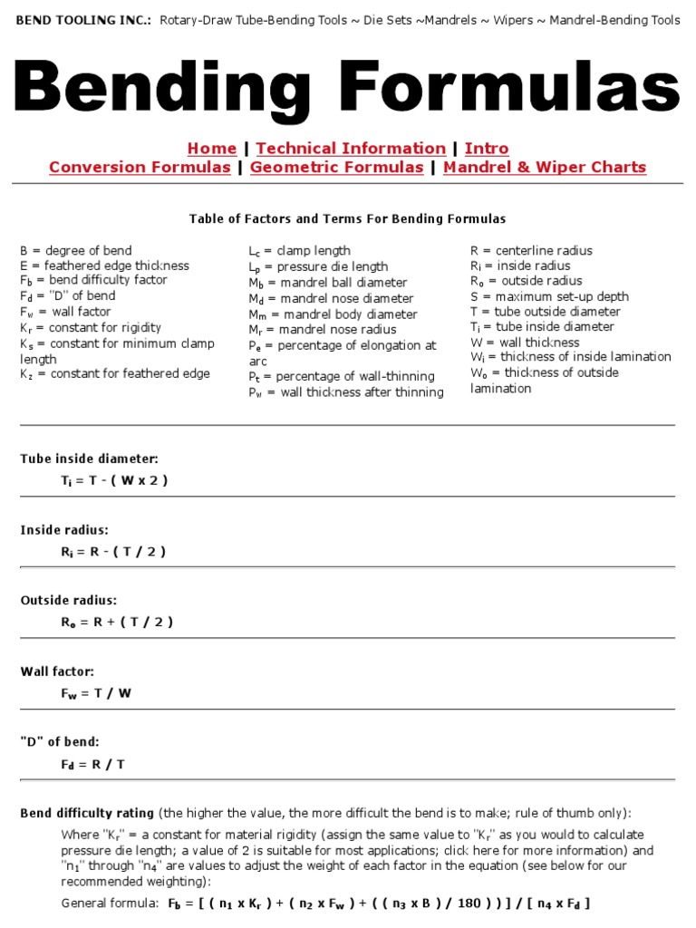 Bending Formulas for Tube Bending Tools | PDF | Mechanical Engineering