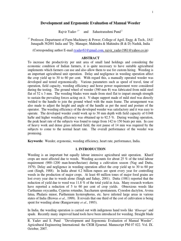 Development and Ergonomic Evaluation of Manual Weeder RAJVIR YADAV ... Development and Ergonomic Evaluation of Manual Weeder RAJVIR YADAV ...