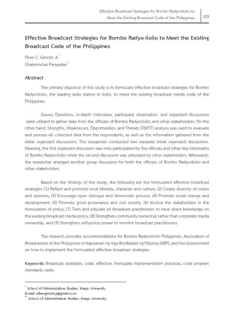 Effective Broadcast Strategies For Bombo Radyo-Iloilo To Meet The Existing Broadcast Code of The ...