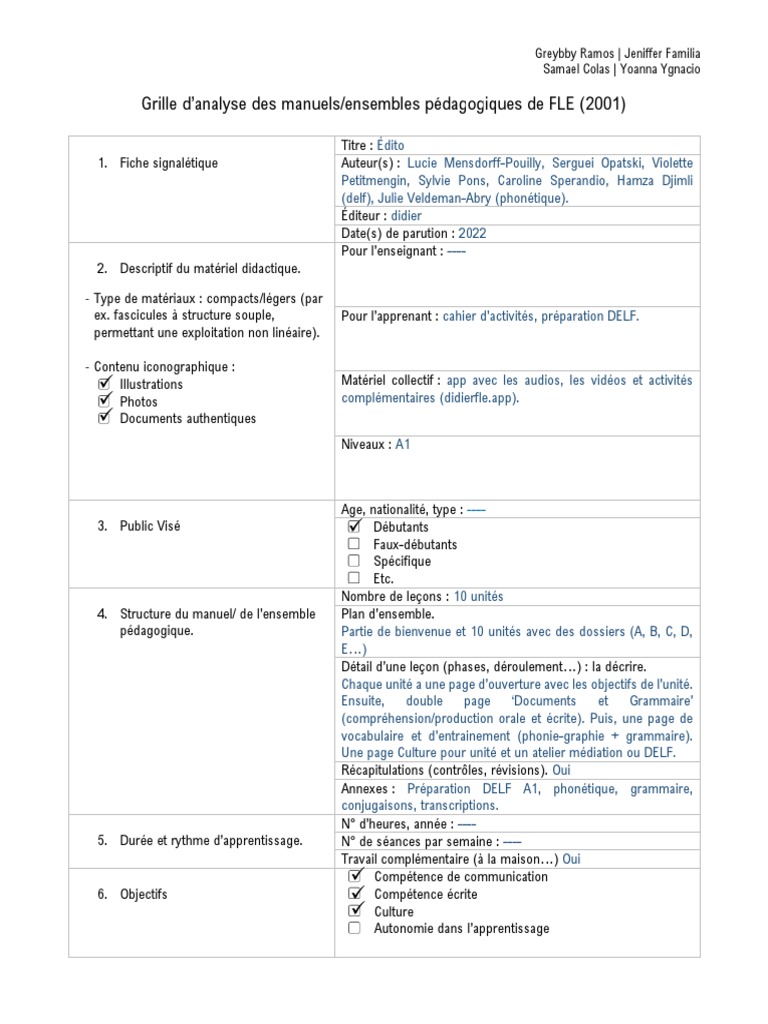 Grille D'analyse Manuel FLE | Download Free PDF | Cognition