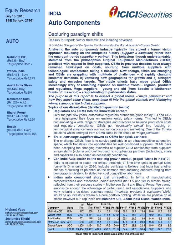 Auto Components Initiating July 2015 | PDF | Toyota | Supply Chain