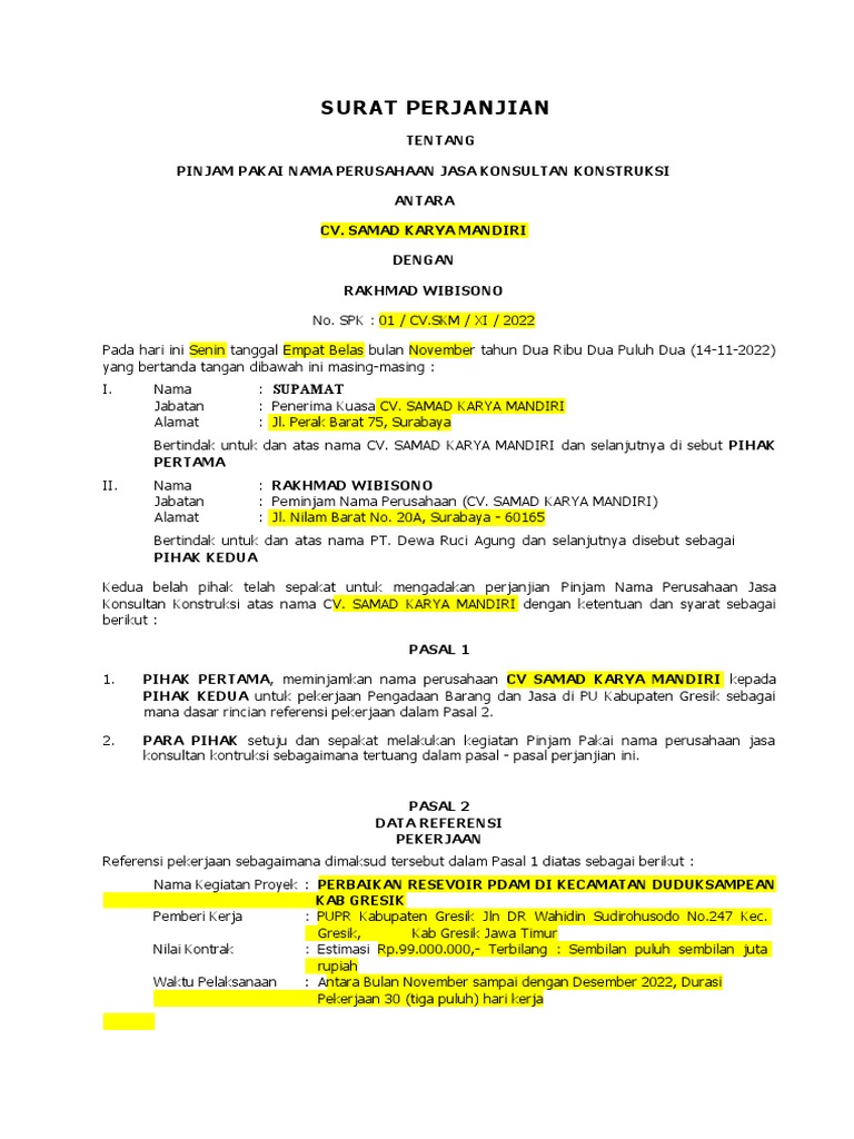 Draft Perjanjian Kontrak Pinjam Nama Perusahaan Utk Pengadaan Barang Dan Jasa Konsultan ...