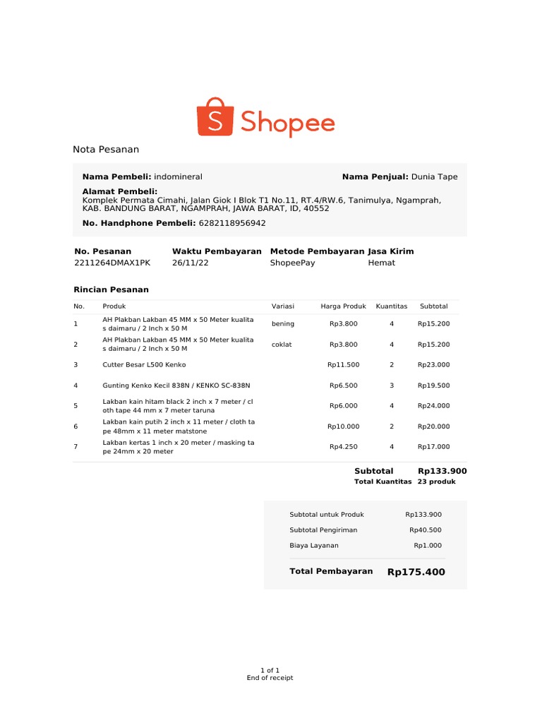 Nota Pesanan: Nama Penjual: Dunia Tape Nama Pembeli: Indomineral Alamat ...