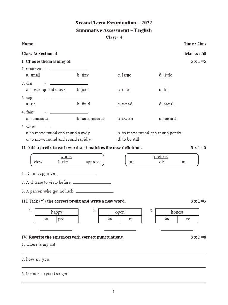 4th English Term-2 Question Paper | PDF | Linguistics