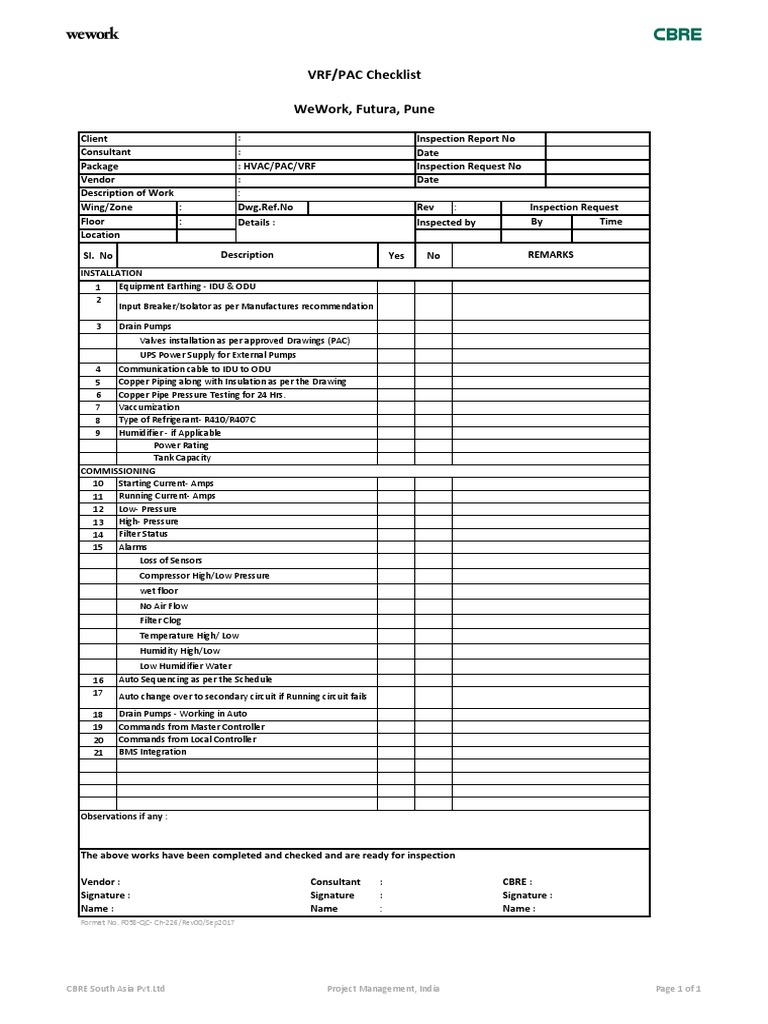 VRF/PAC Commissioning Checklist | PDF | Pump | Manufactured Goods