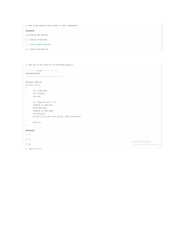 C Programming Quiz 10 - File Handling, Bitwise Operators | PDF