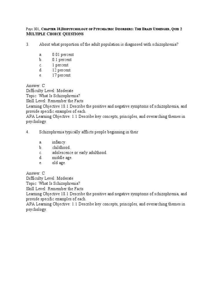Psyc 301, CHAPTER 18, BIOPSYCHOLOGY OF PSYCHIATRIC DISORDERS THE BRAIN ...