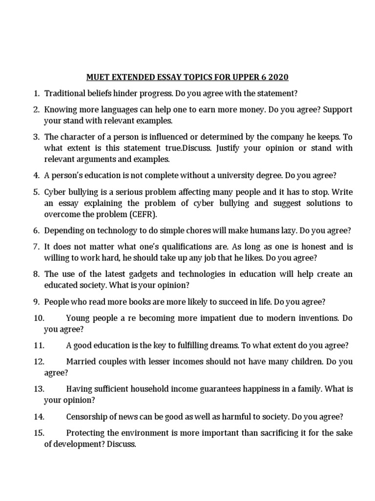 Muet Extended Essay Topics For Upper 6 2020 | PDF