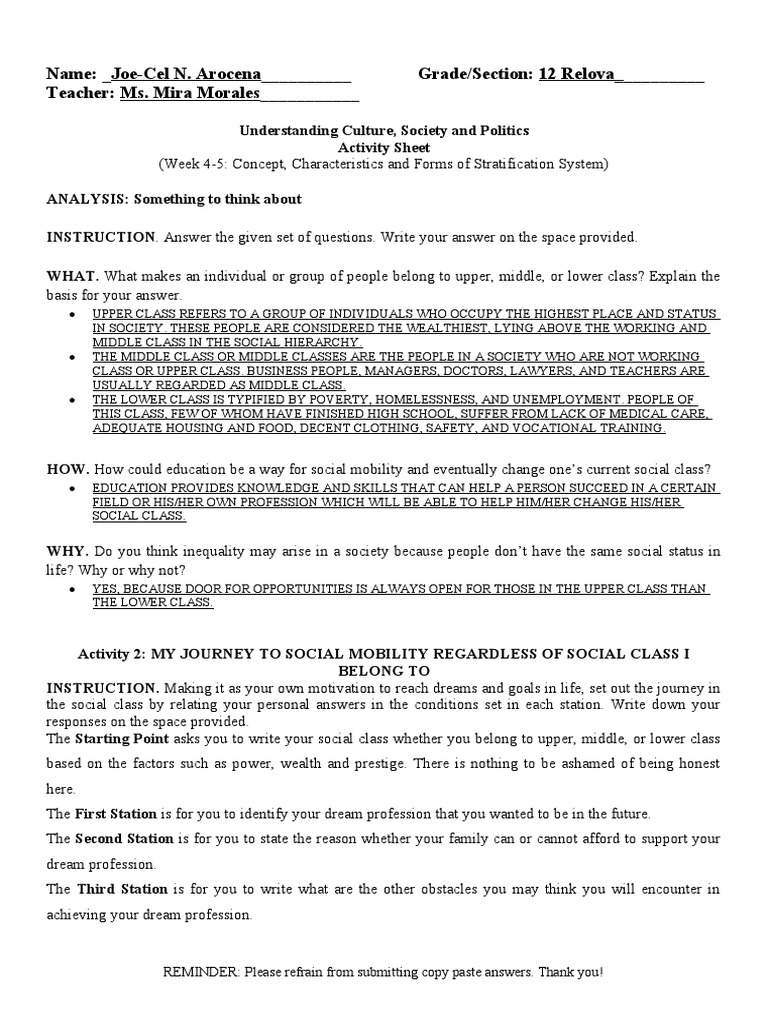UCSP Activity Sheets Week 4-5 | PDF | Social Stratification | Social ...