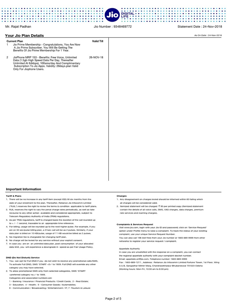 Your Jio Plan Details: Mr. Rajat Padhan | PDF | Service Industries ...