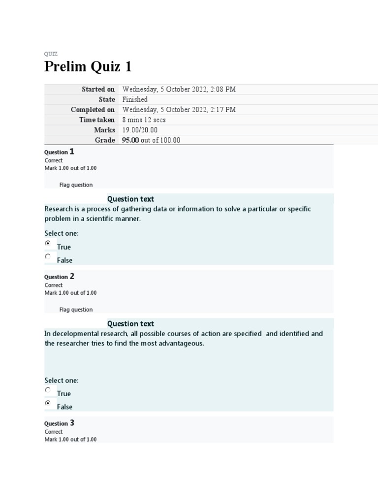 Preliminary Quiz 1 Results: 19/20 Questions Correct on a Research ...
