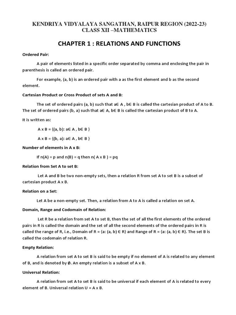 Xii - 2022-23 - Maths - Raipur | PDF | Function (Mathematics) | Matrix ...