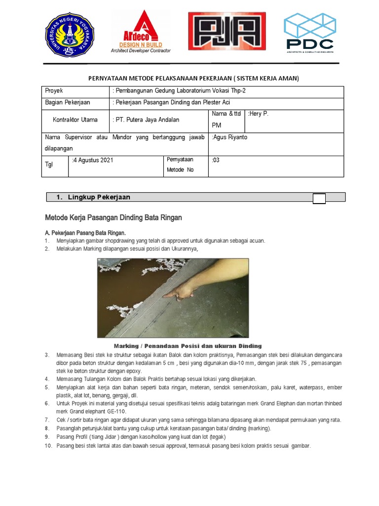 Pernyataan Metode Kerja Aman Pasangan Dinding dan Plester Aci | PDF