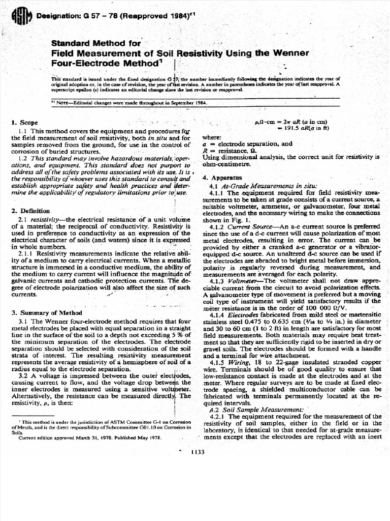 Standard Discription For Astm g57 78 Method of Measuring Earth Resistivity | PDF