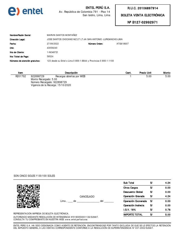 Boleta Electronica Entel - 27-09-2022 | PDF