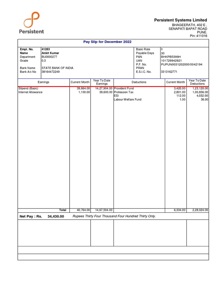 Persistent Systems December 2022 Payslip | PDF | Economies | Government