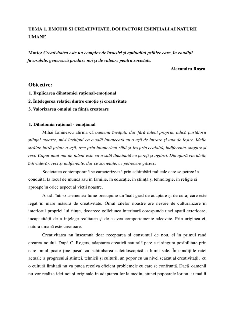 Tema 1. Emoție Și Creativitate, Doi Factori Esențiali Ai Naturii Umane | PDF