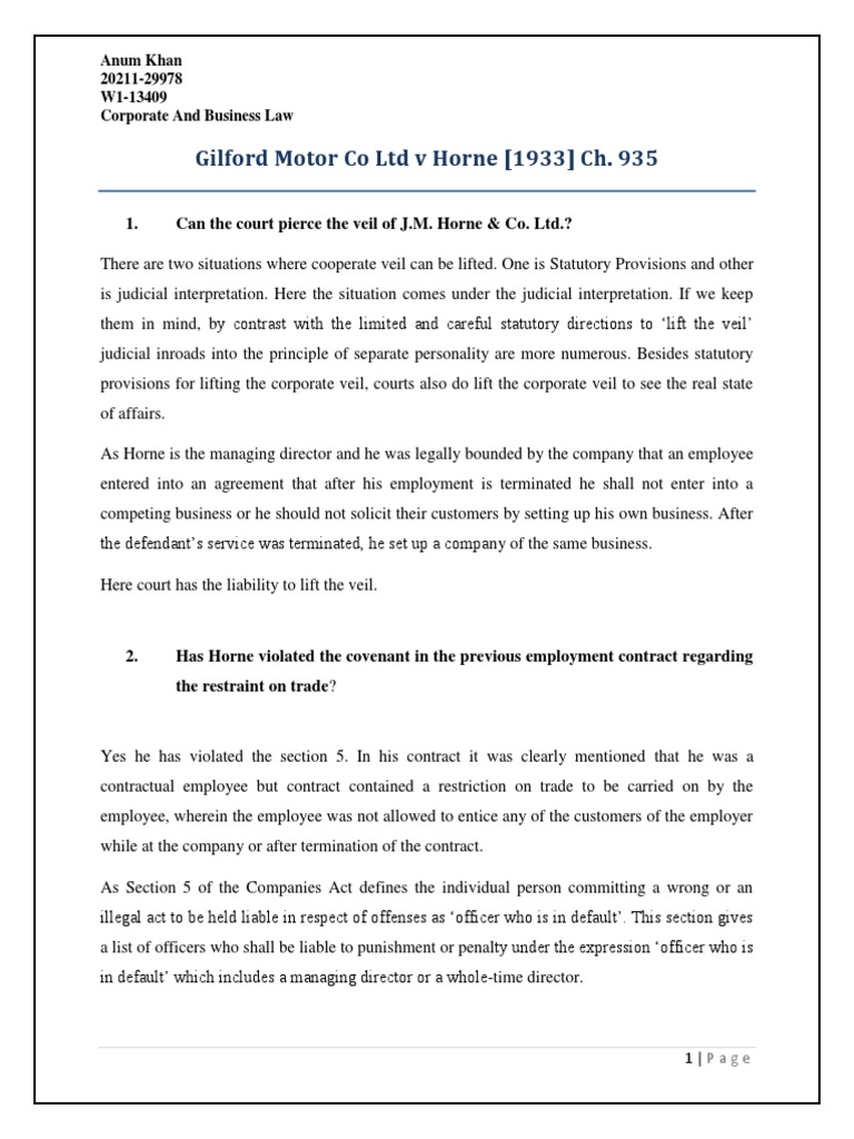 Gilford Motor Co LTD V Horne (1933) Ch. 935 | PDF