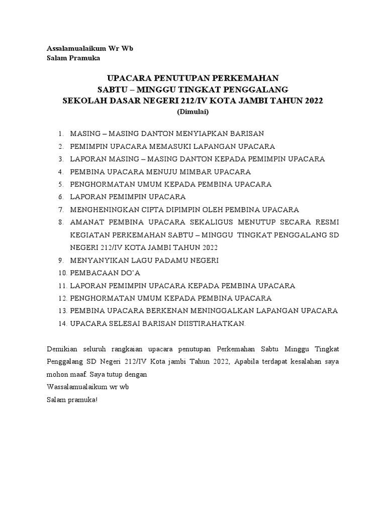 Upacara Penutupan Perkemahan Pramuka SD Jambi 2022 | PDF