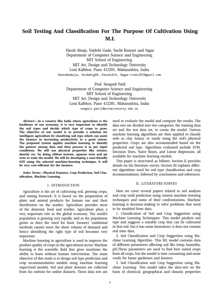 Soil Testing and Classification For The Purpose of Cultivation Using ML ...