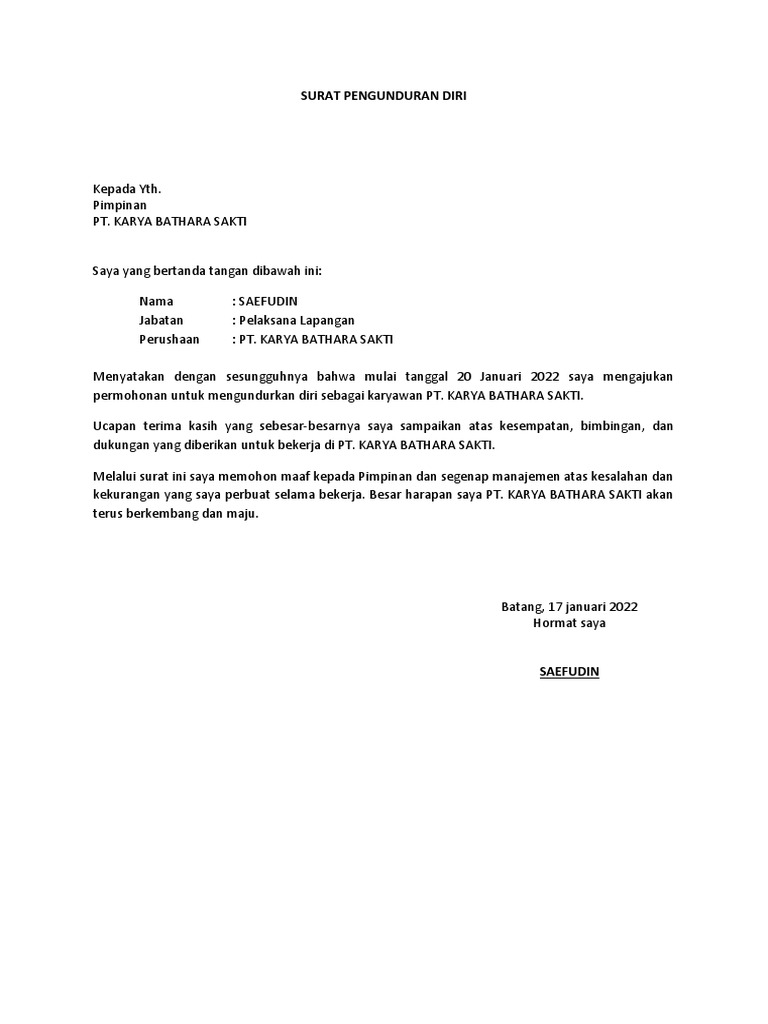 Contoh Surat Pengunduran Diri | PDF