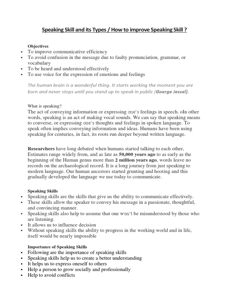 Speaking Skills | PDF | Fluency | Vocabulary