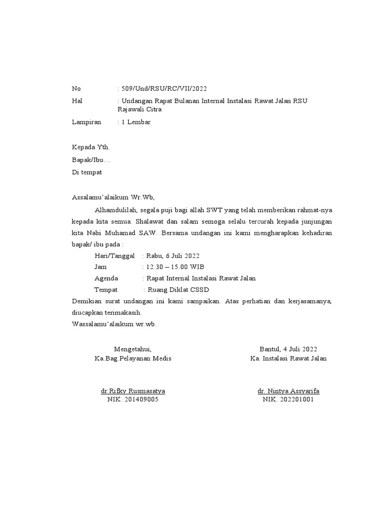 Undangan Rapat Internal Instalasi Rawat Jalan | PDF