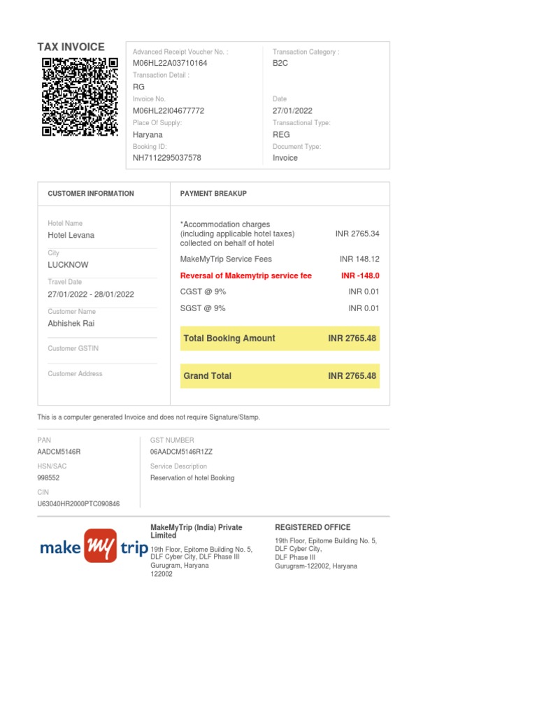 MakeMyTrip Hotel Invoice - Abhishek Rai | PDF | Invoice | Trade