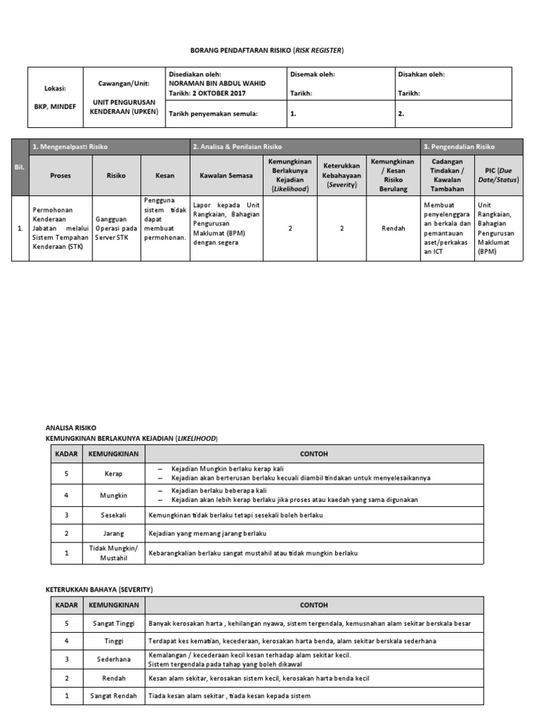10 Okt 2017 - LAMPIRAN A - BORANG PENDAFTARAN RISIKO | PDF