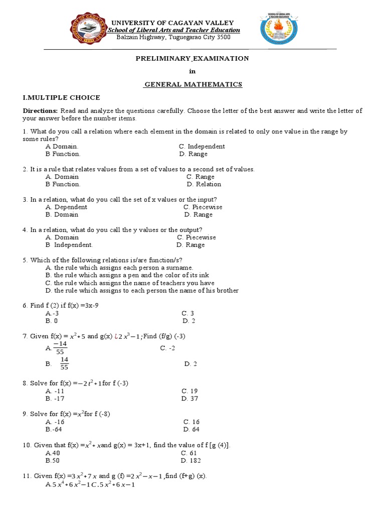 Multiple Choice | PDF | Function (Mathematics) | Equations