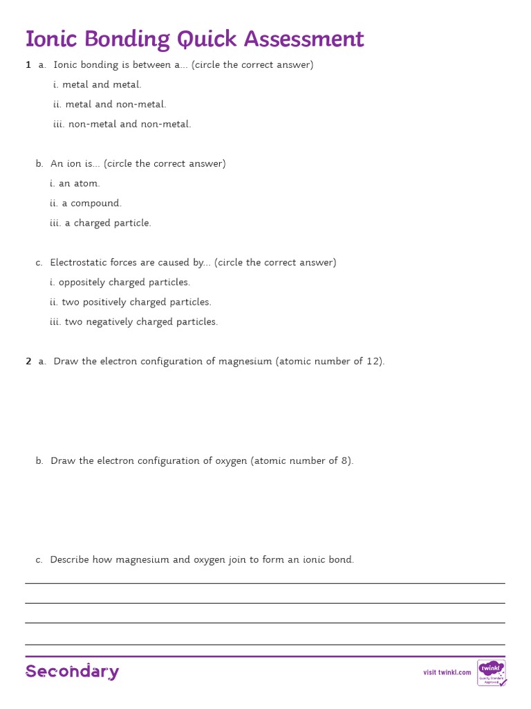 Ionic Bonding Quick Assessment | PDF
