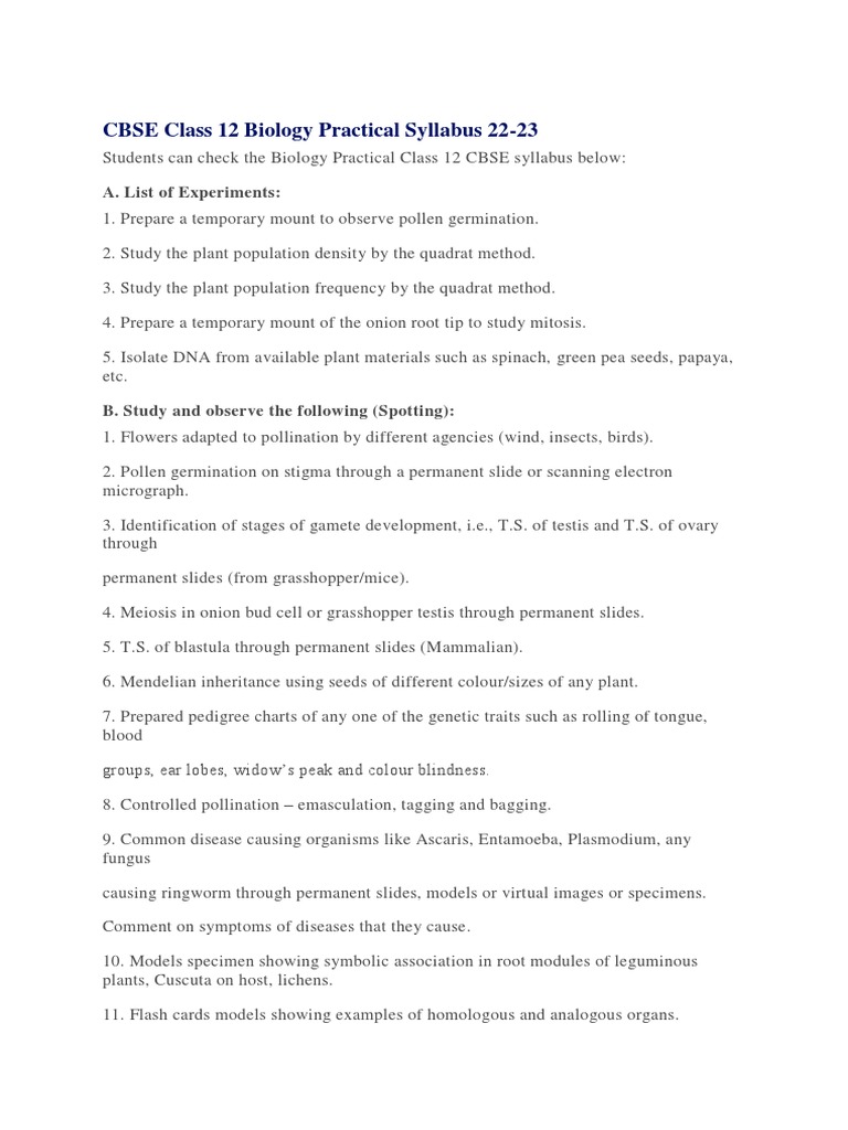 CBSE Class 12 Biology Practical Syllabus 22 | PDF | Biology | Flowers
