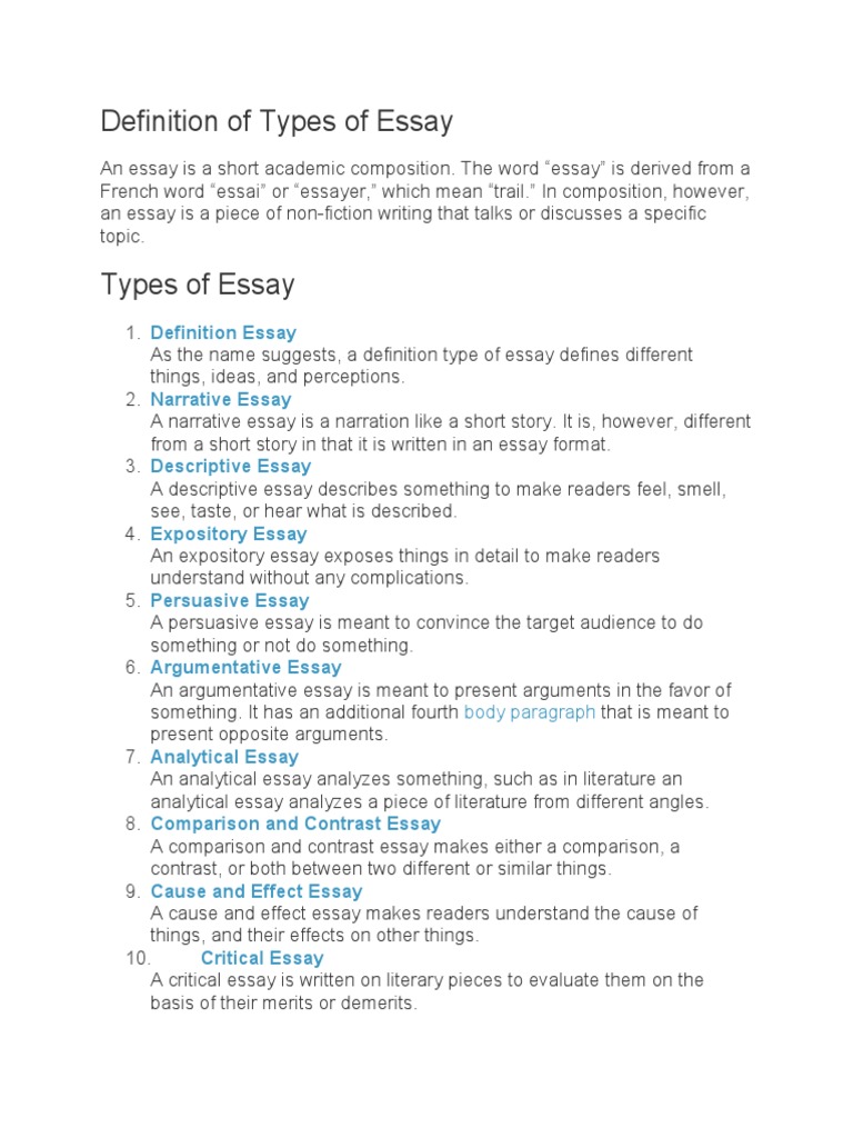 Definition of Types of Essay Helping Notes | PDF | Essays | Human ...