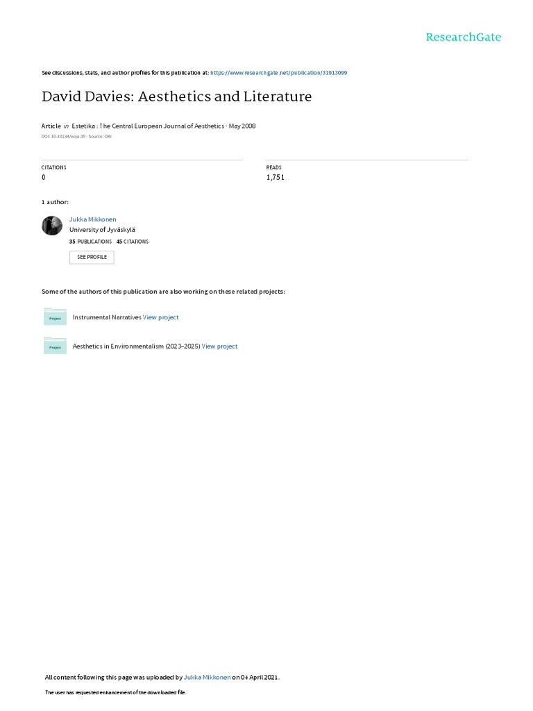 David Davies on Aesthetics in Literature | PDF | Aesthetics | Knowledge