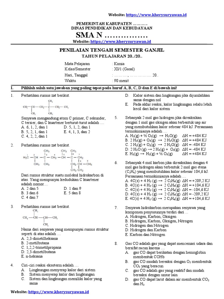 Soal & Kunci PTS I Kimia XI - WWW - Kherysuryawan.id | PDF | Sains & Matematika