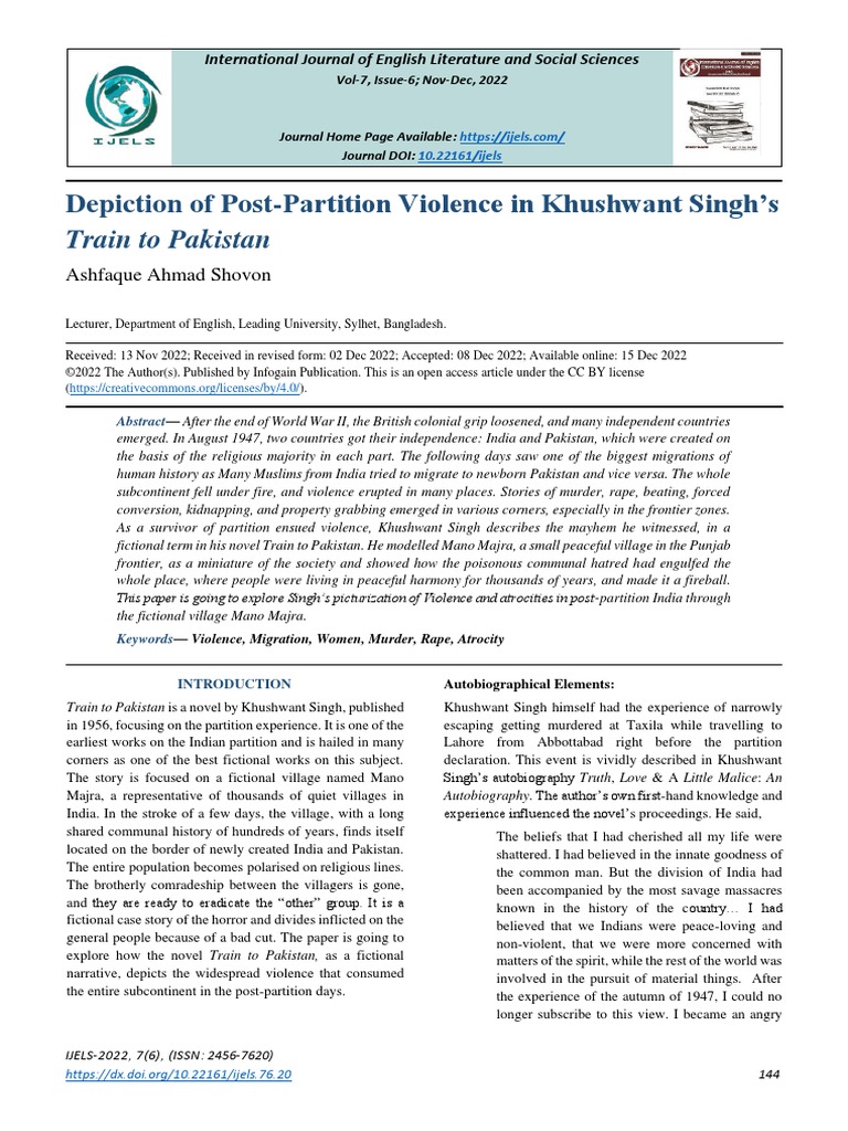 Depiction of Post-Partition Violence in Khushwant Singh's Train To ...